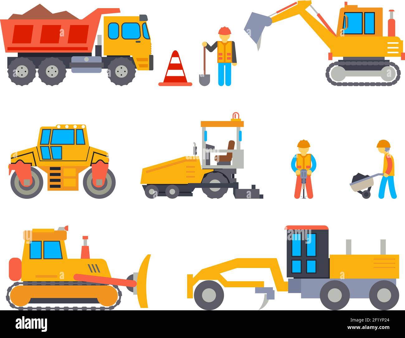 Road under construction flat icons set. Car industry, road work ...
