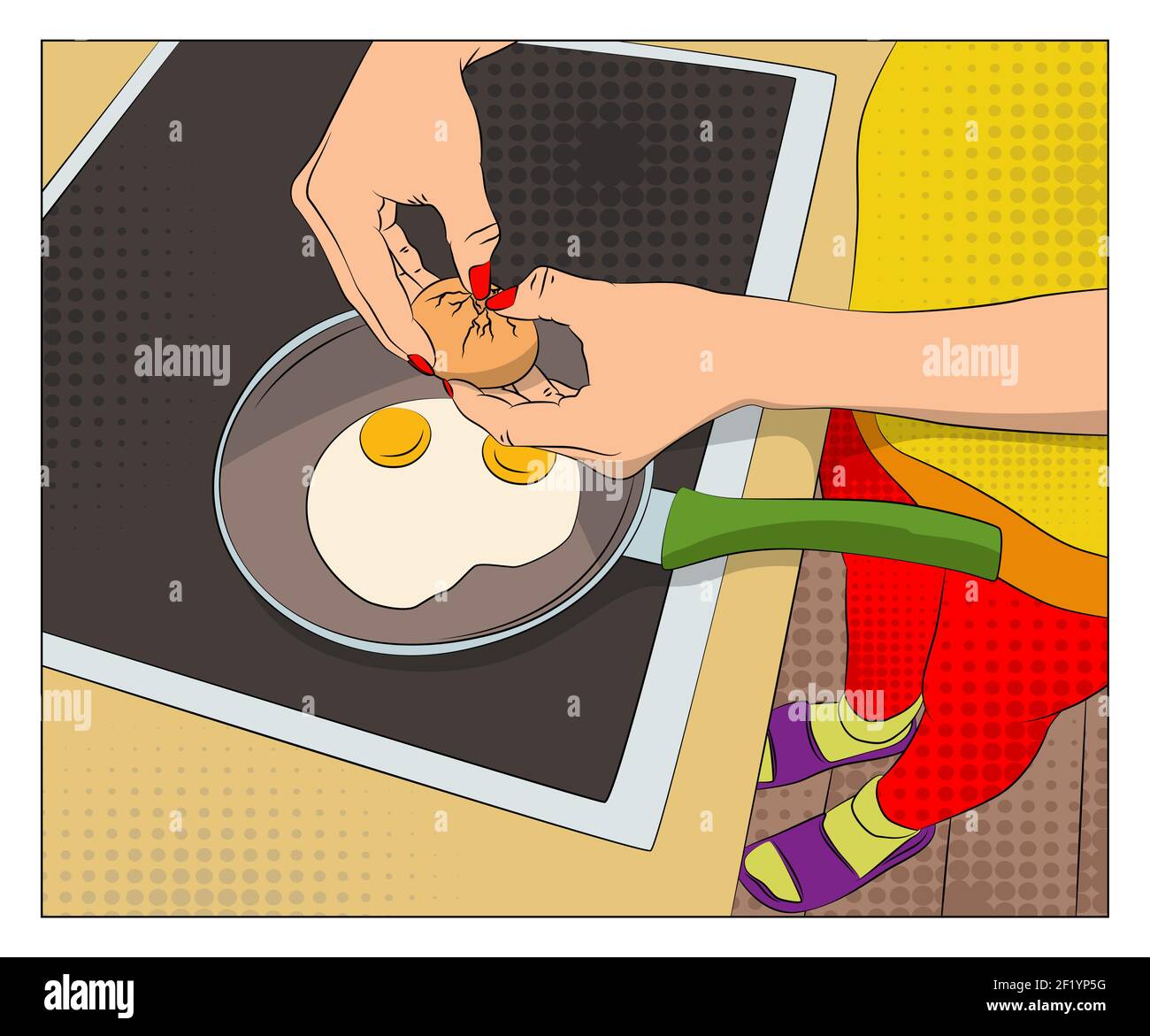 Woman's hand making breakfast with fresh eggs. Vector cartoon, Comic ...