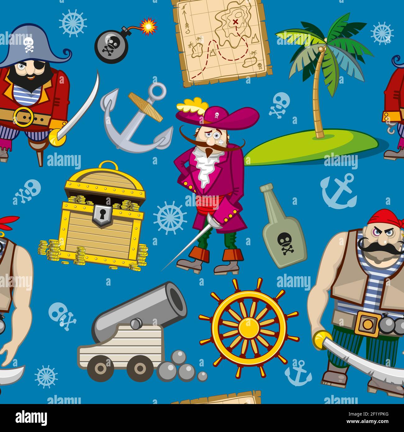 Cartoon pirates seamless pattern background. Anchor and palm, hook and ...