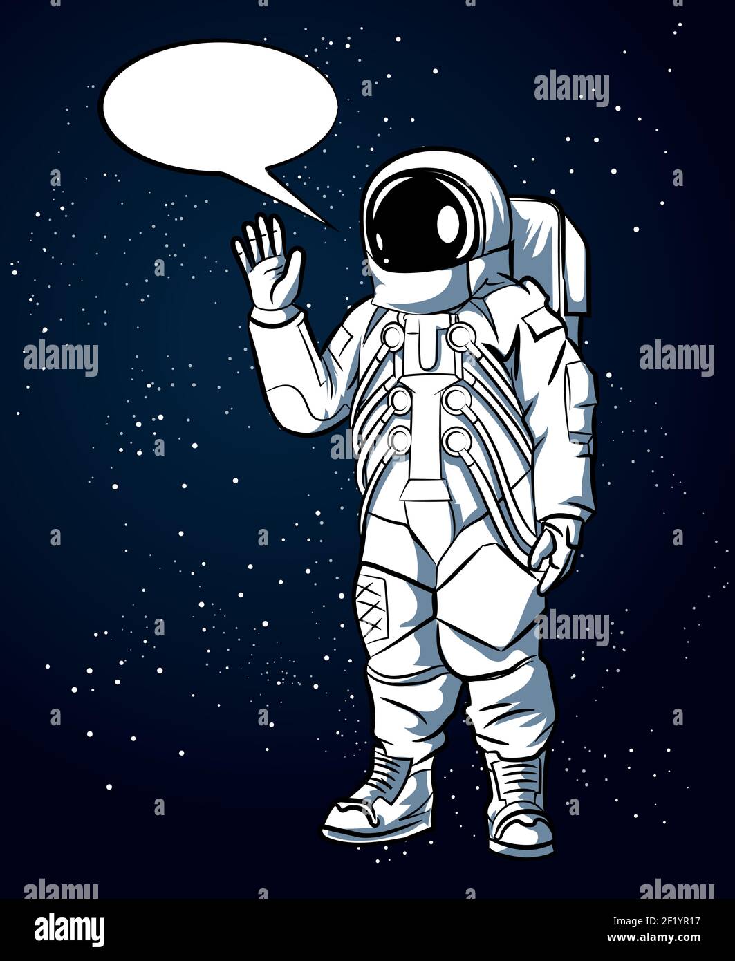 Astronaut in space suit in hand drawn style in outer space and speech ...