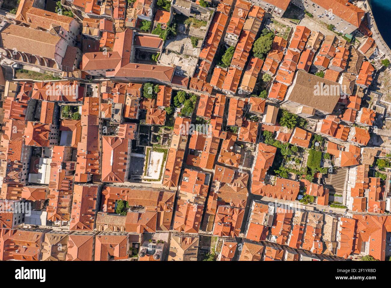 Aerial overhead drone shot of resident houses Dubrovnik old town inside ...
