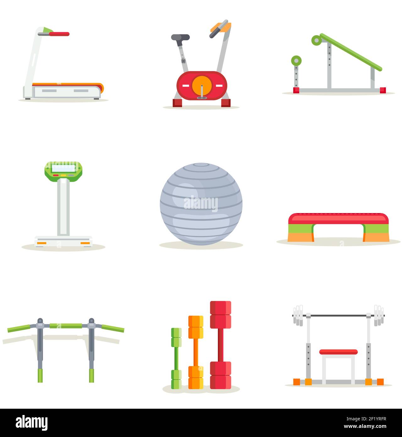Fitness gym exercise equipment for workout in flat style. Icons set ...