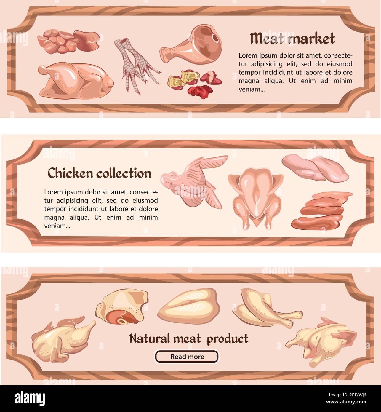 Colored chicken meat horizontal banners with text and fillet legs ...
