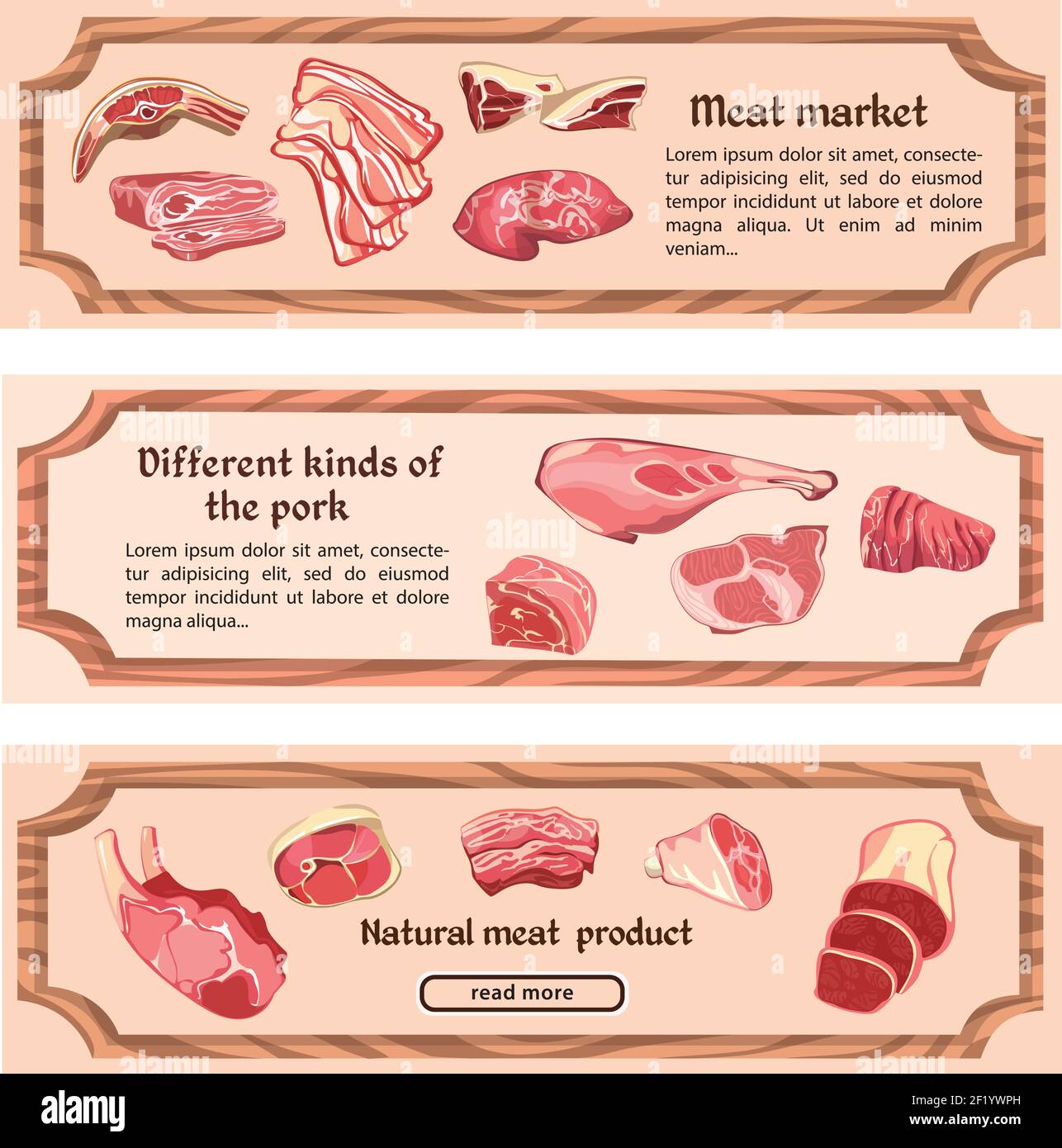 Hand drawn natural meat horizontal banners with text and cutting pork ...