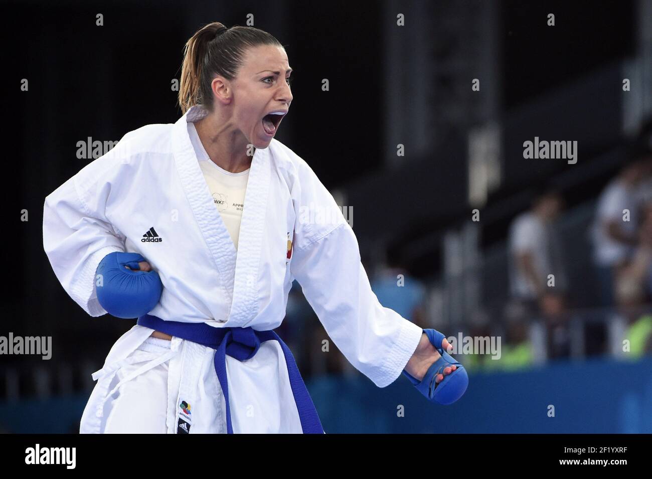 Alexandra Recchia of France competes in Karate, women's kumite -50kg ...