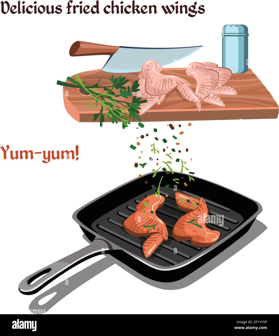 Hand drawn chicken preparation concept with fried wings on pan knife ...