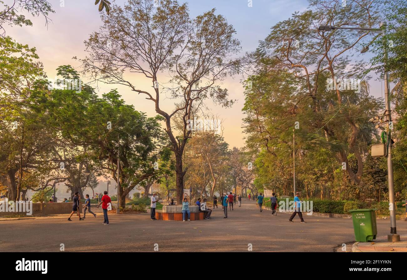 Beautiful city park with trees and paved road with view of people doing ...