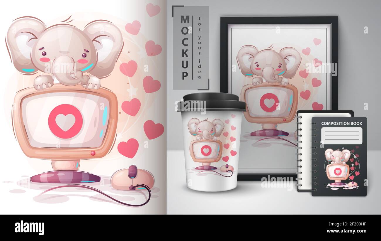 Elephant works at the computer poster and merchandising Stock Vector ...