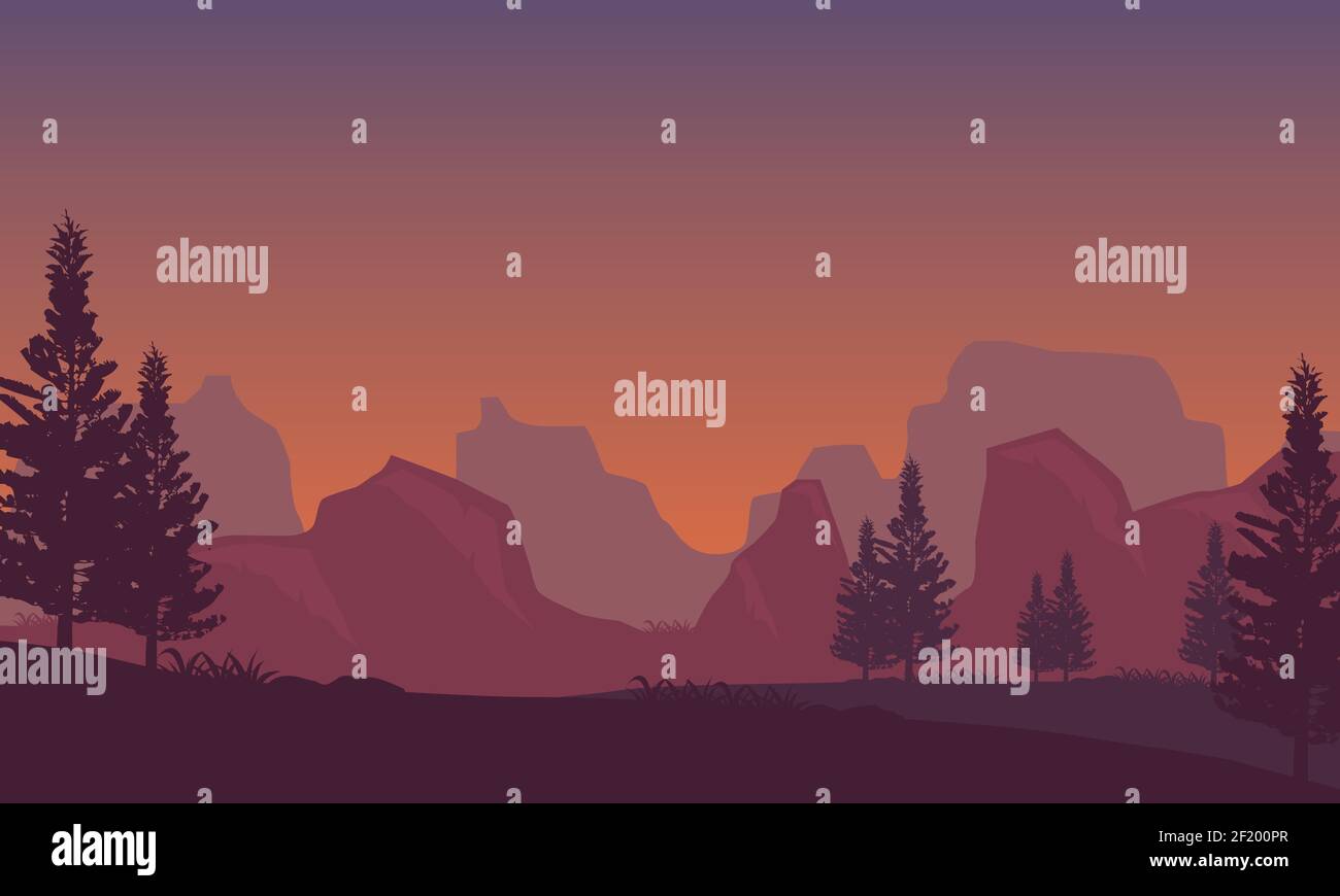 Stunning natural scenery at dusk in the evening. Vector illustration of ...