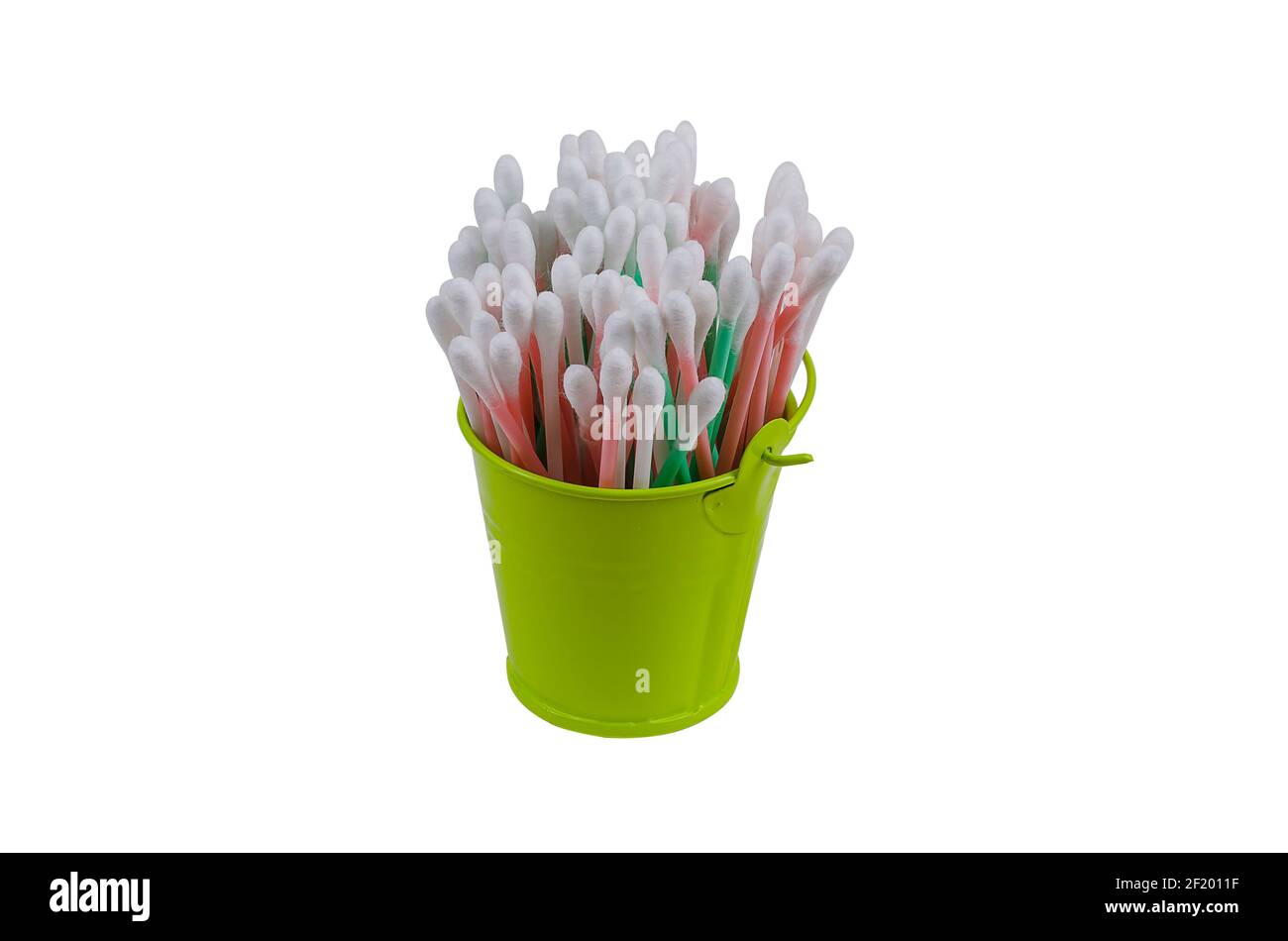 Full green bucket of cotton swabs on a white background. White, pink ...