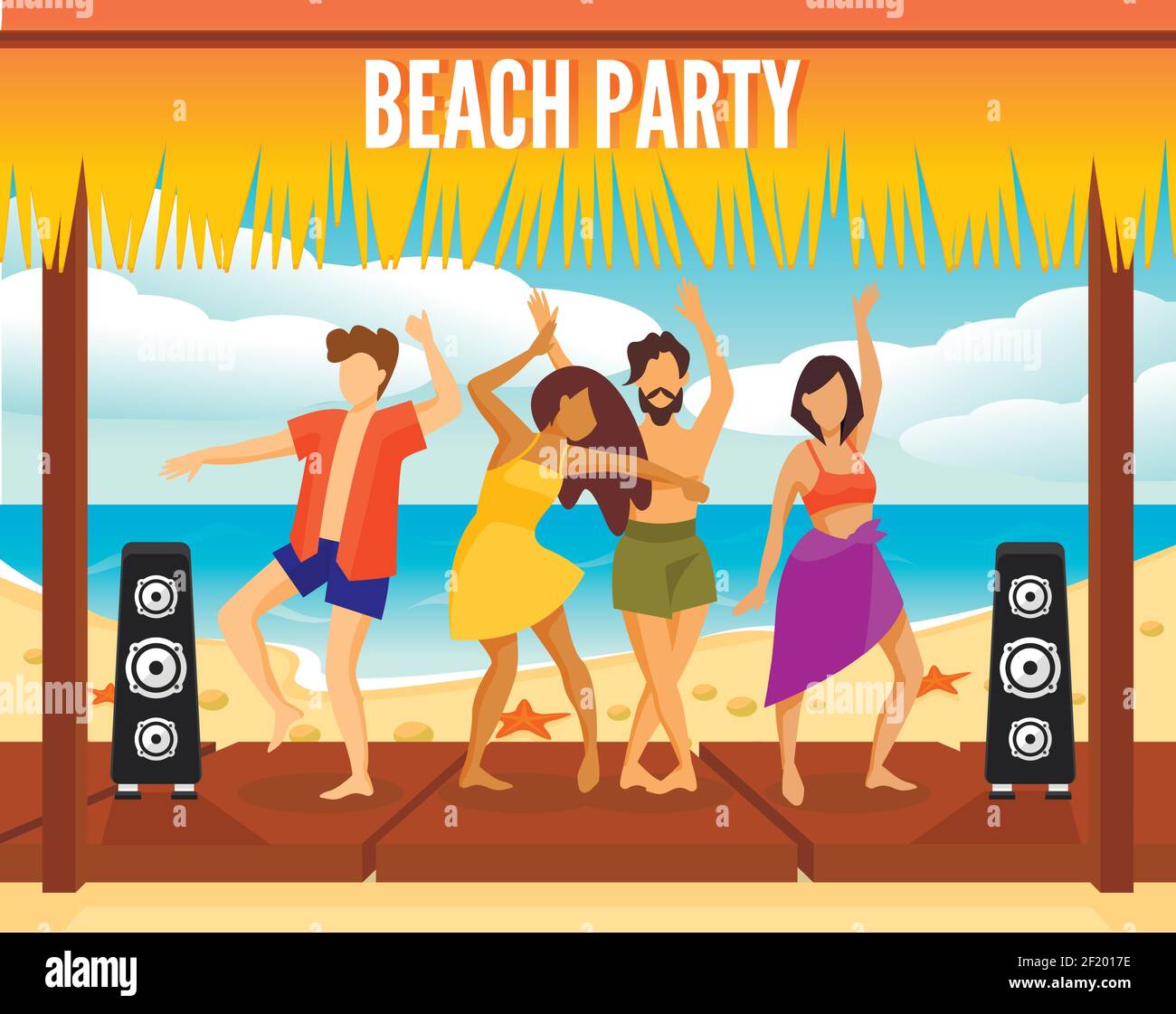 Colorful beach party template with dancing people in different clothing ...