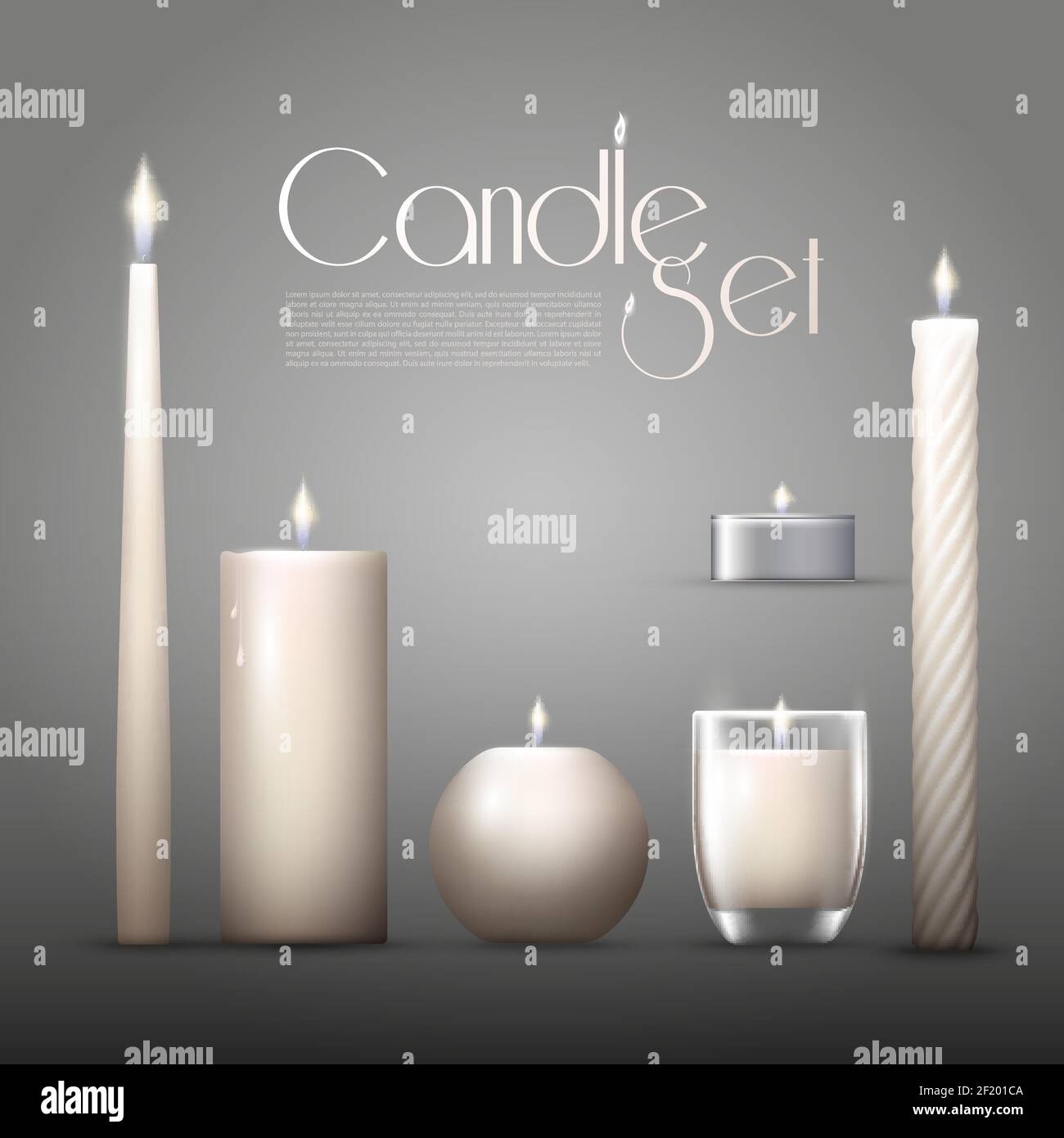 Realistic burning aromatic candles collection of different shapes on ...