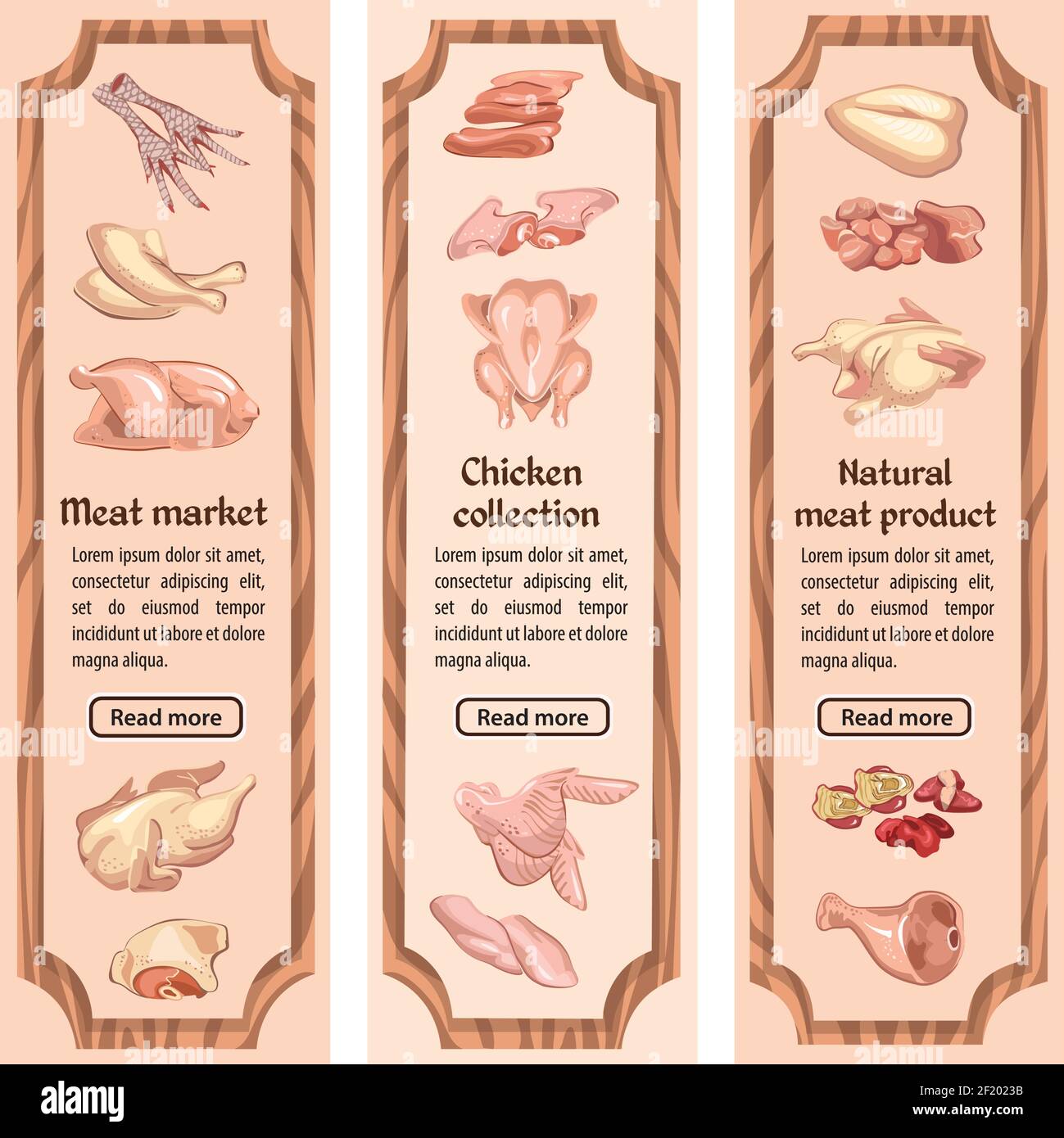 Colored poultry meat vertical banners with text and different cutting ...