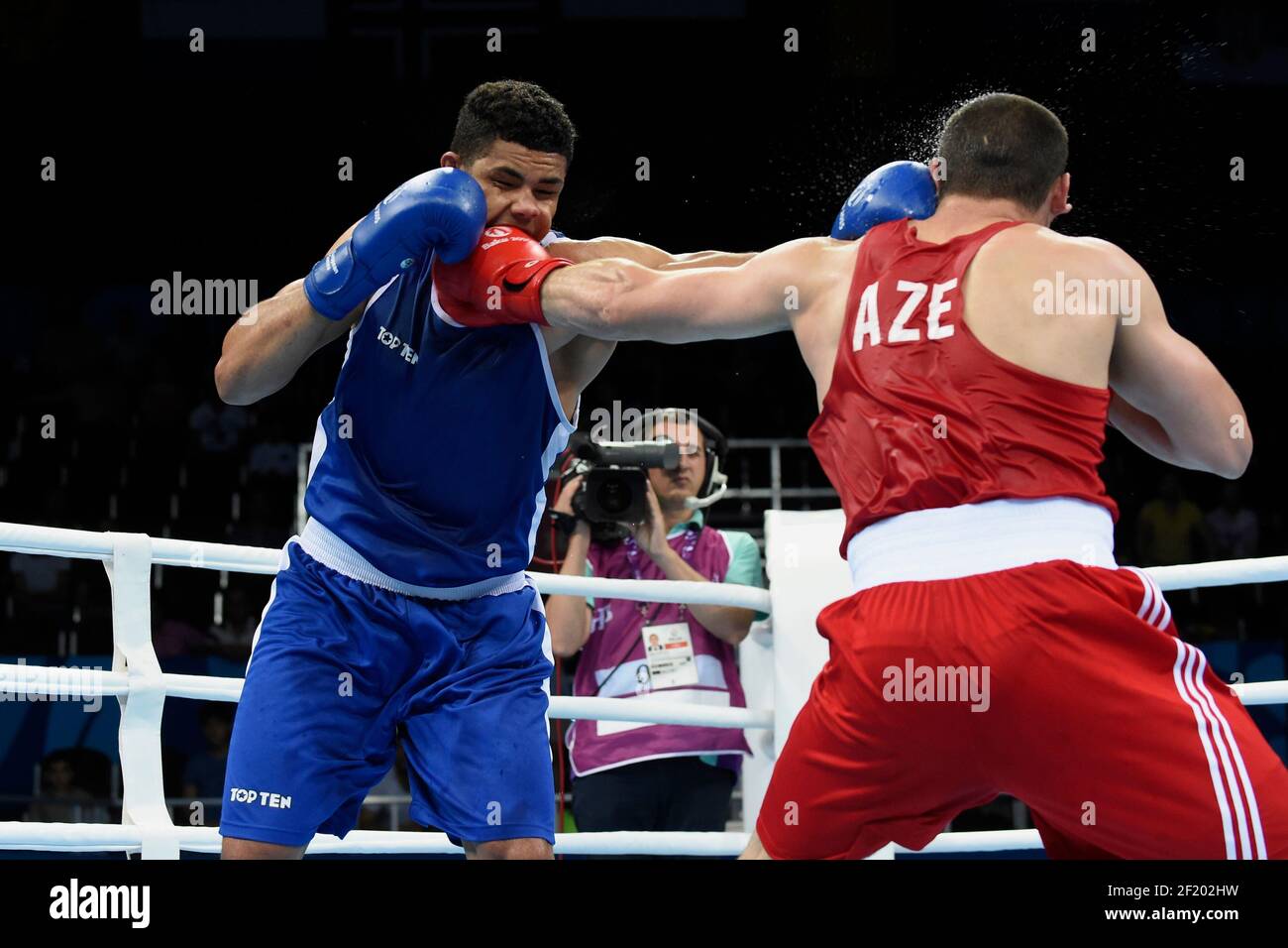Paul Omba Biongolo of France (blue) competes in Boxing Men's Heavy ...