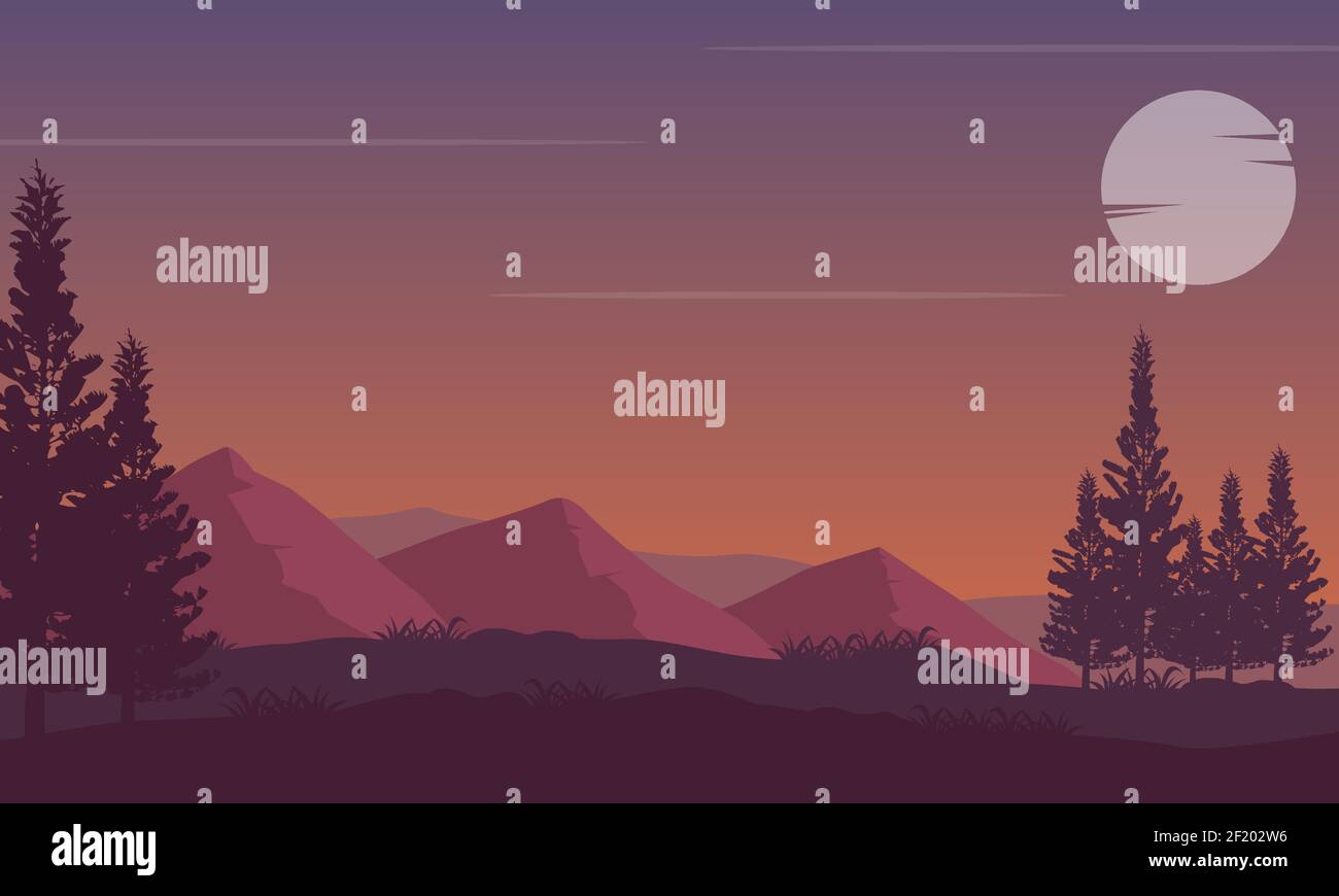 Warm afternoon atmosphere with beautiful mountain views at dusk. Vector ...