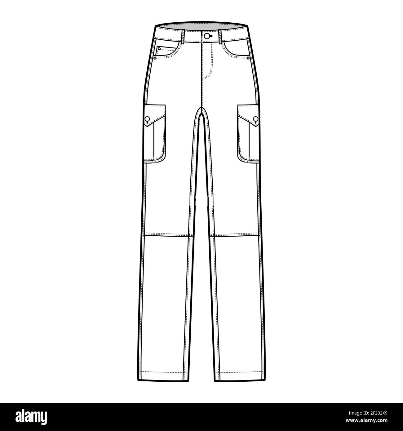 Set Of Jeans Cargo Denim Pants Technical Fashion Illustration With Low