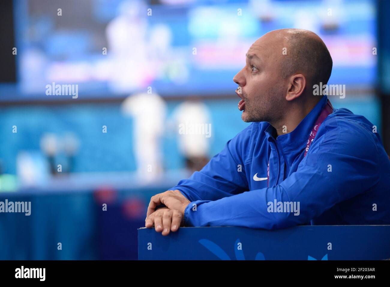 Hugues Obry, coach of Fencing French Team, gives instructions during ...