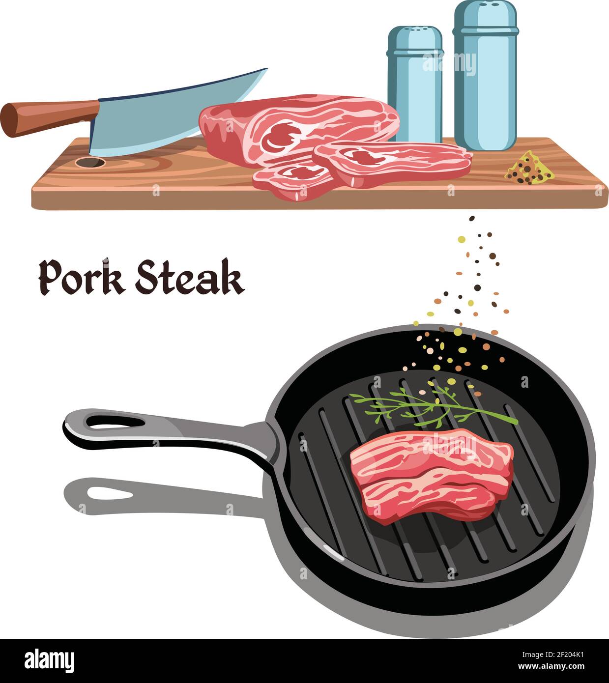 Sketch meat steak cooking template with pork frying on pan and knife ...