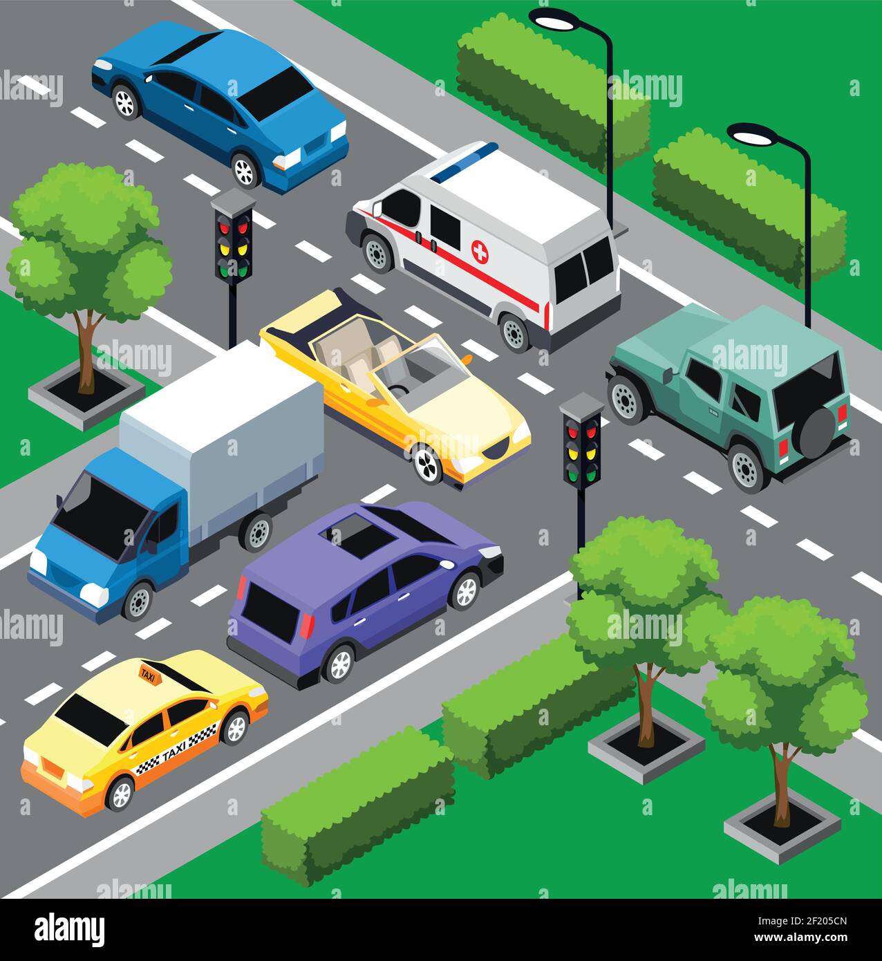 City traffic isometric concept with different moving cars on road ...