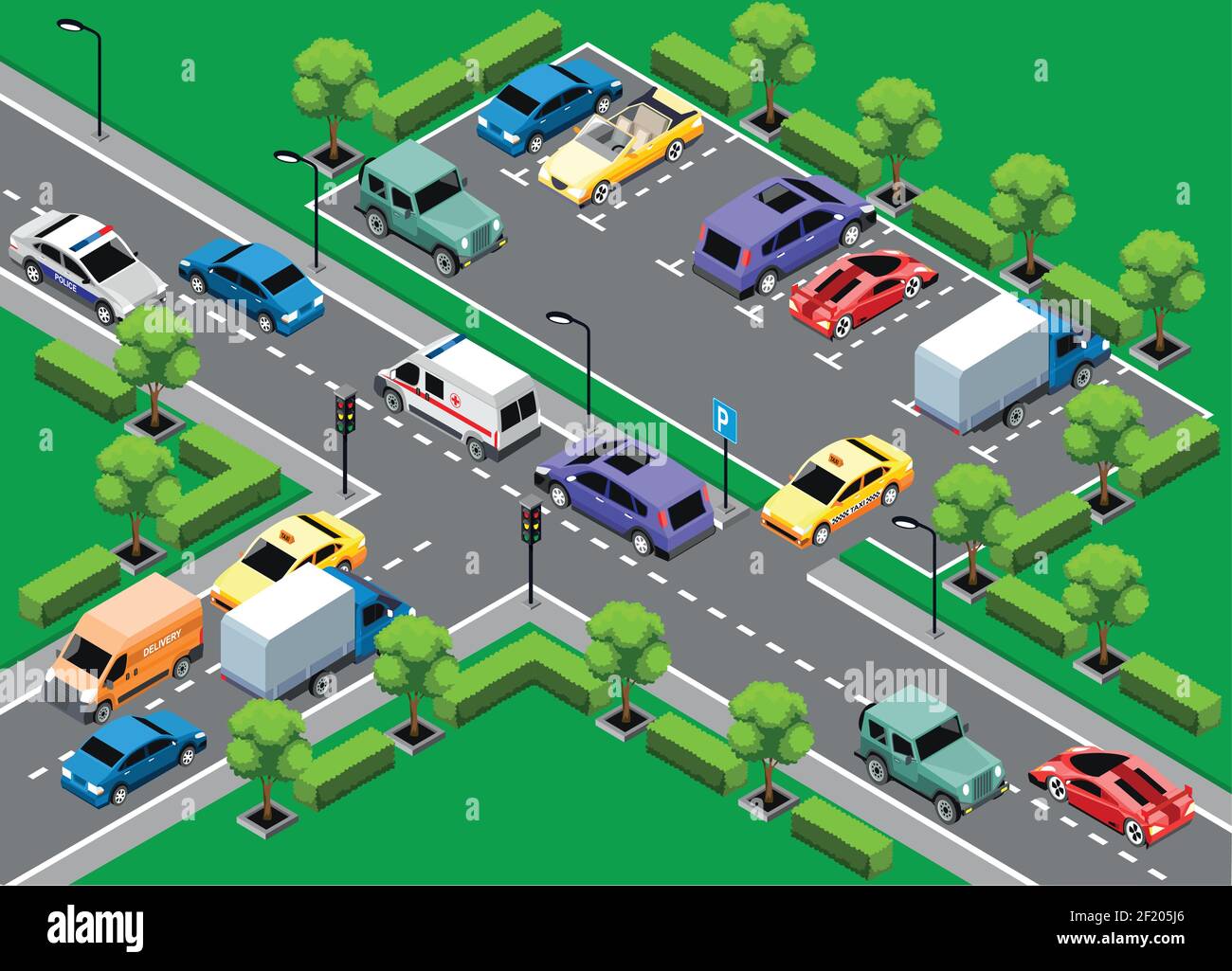 Isometric urban traffic template with colorful moving cars and vehicles ...