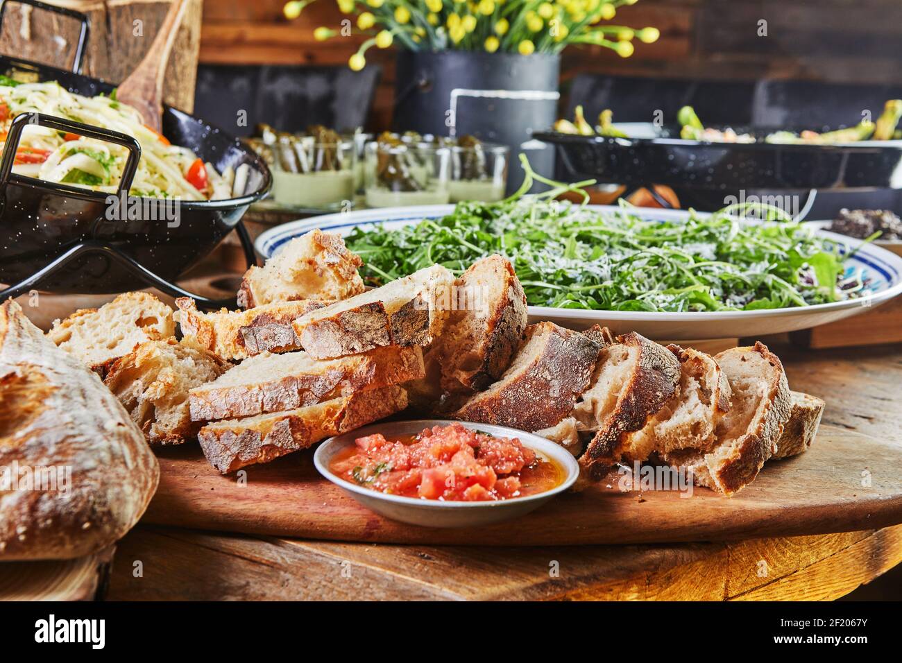 Buffet with a large selection of vegetable dishes and salads, healthy ...