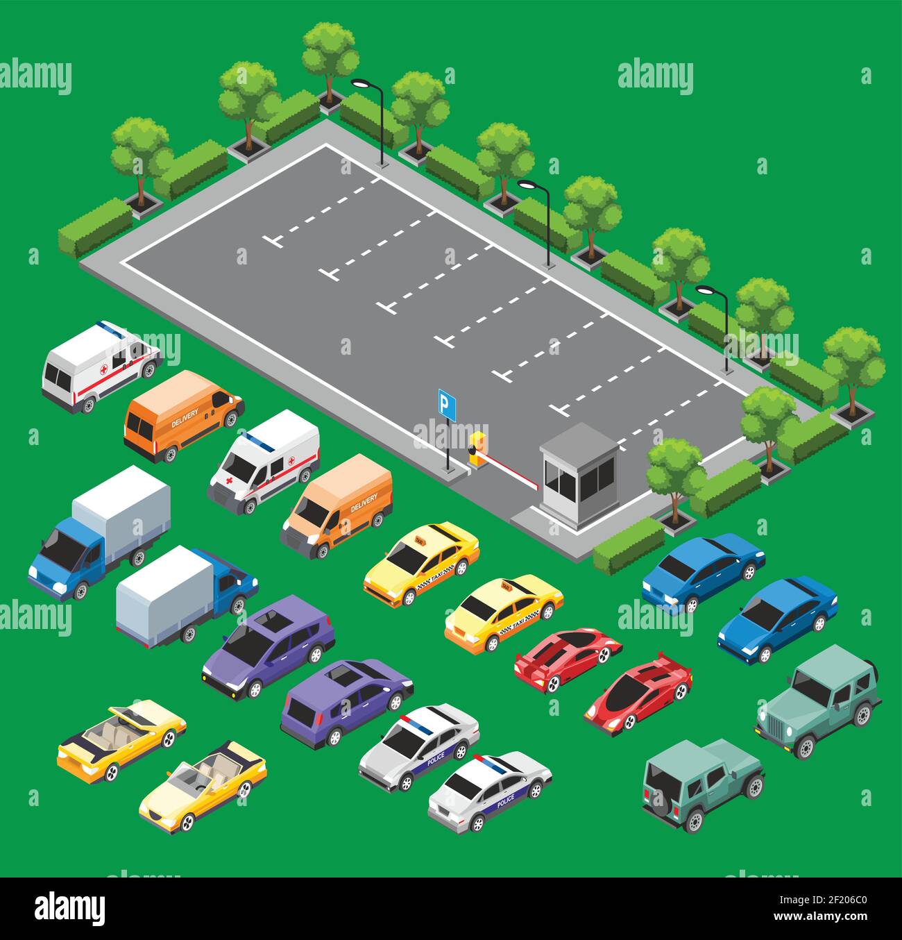 Isometric urban transport concept with lot of cars stopped near closed ...