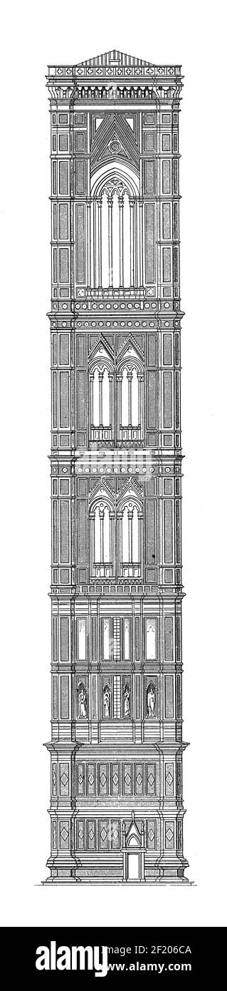 19th-century engraving of Giotto's Bell Tower in Florence, Italy ...