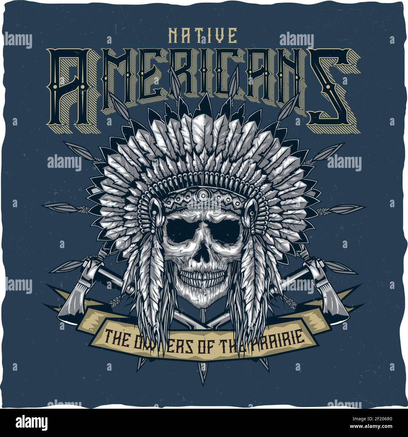 American Indian Chief Skull With Tomahawk. T-shirt label design. Hand ...
