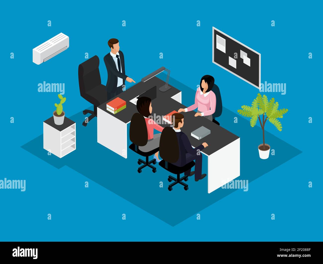 Isometric business teamwork concept with people sitting at table and ...