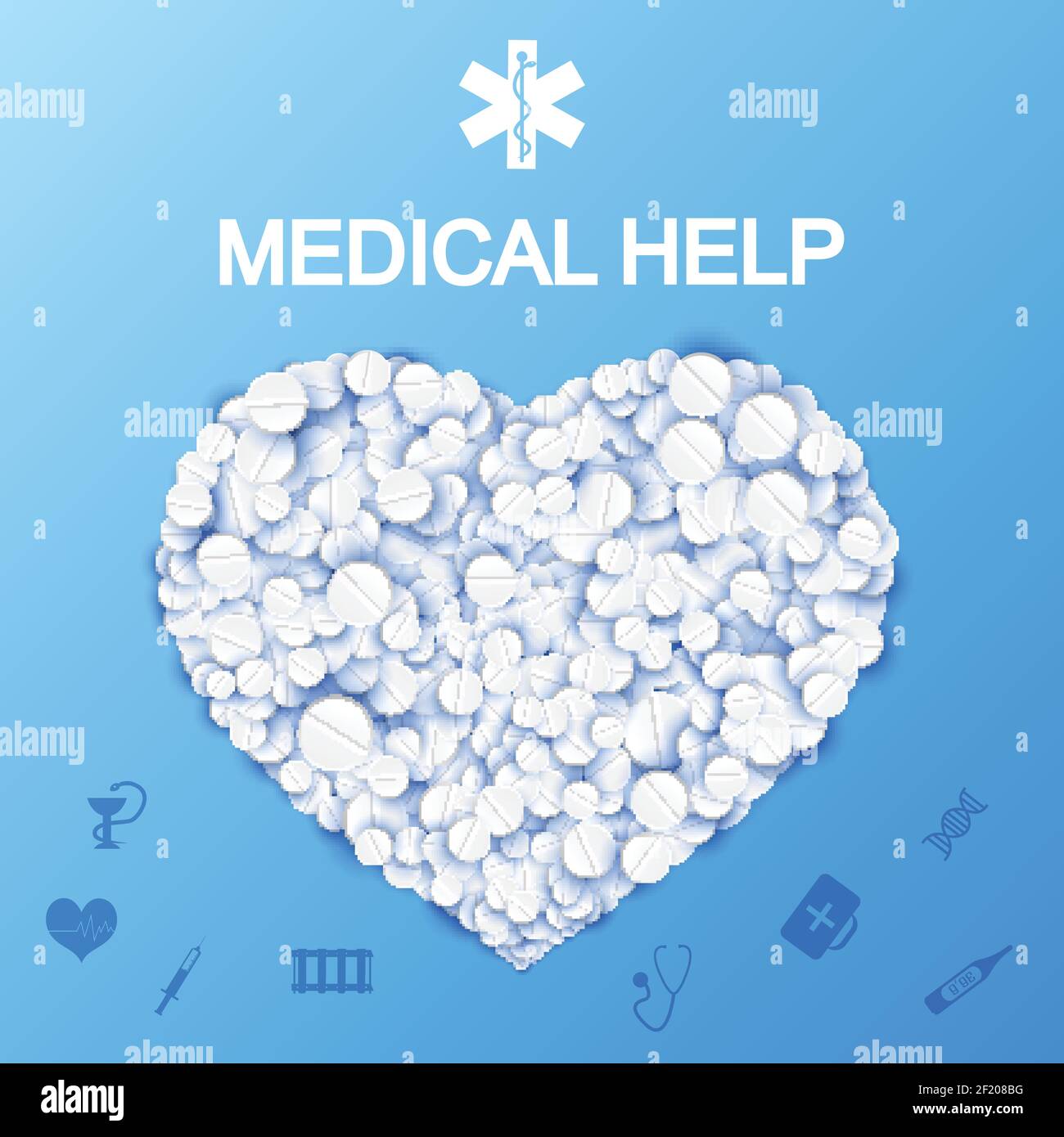 Abstract medical help template with heart shape from pills and drugs on ...