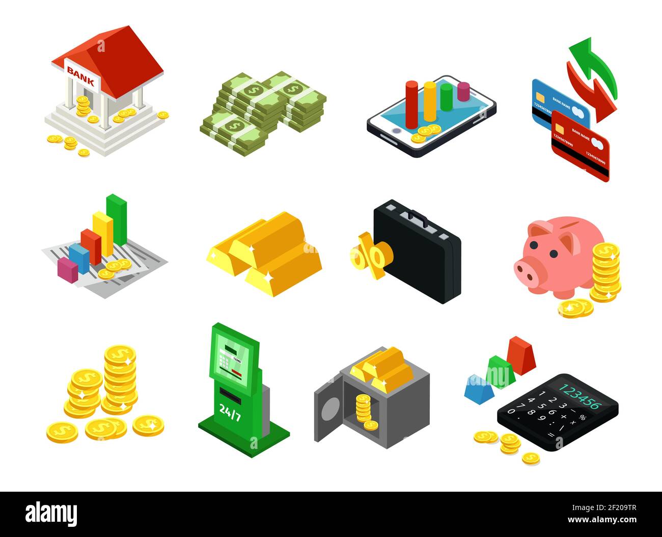Isometric business financial icons set with bank cash gold bars coins ...