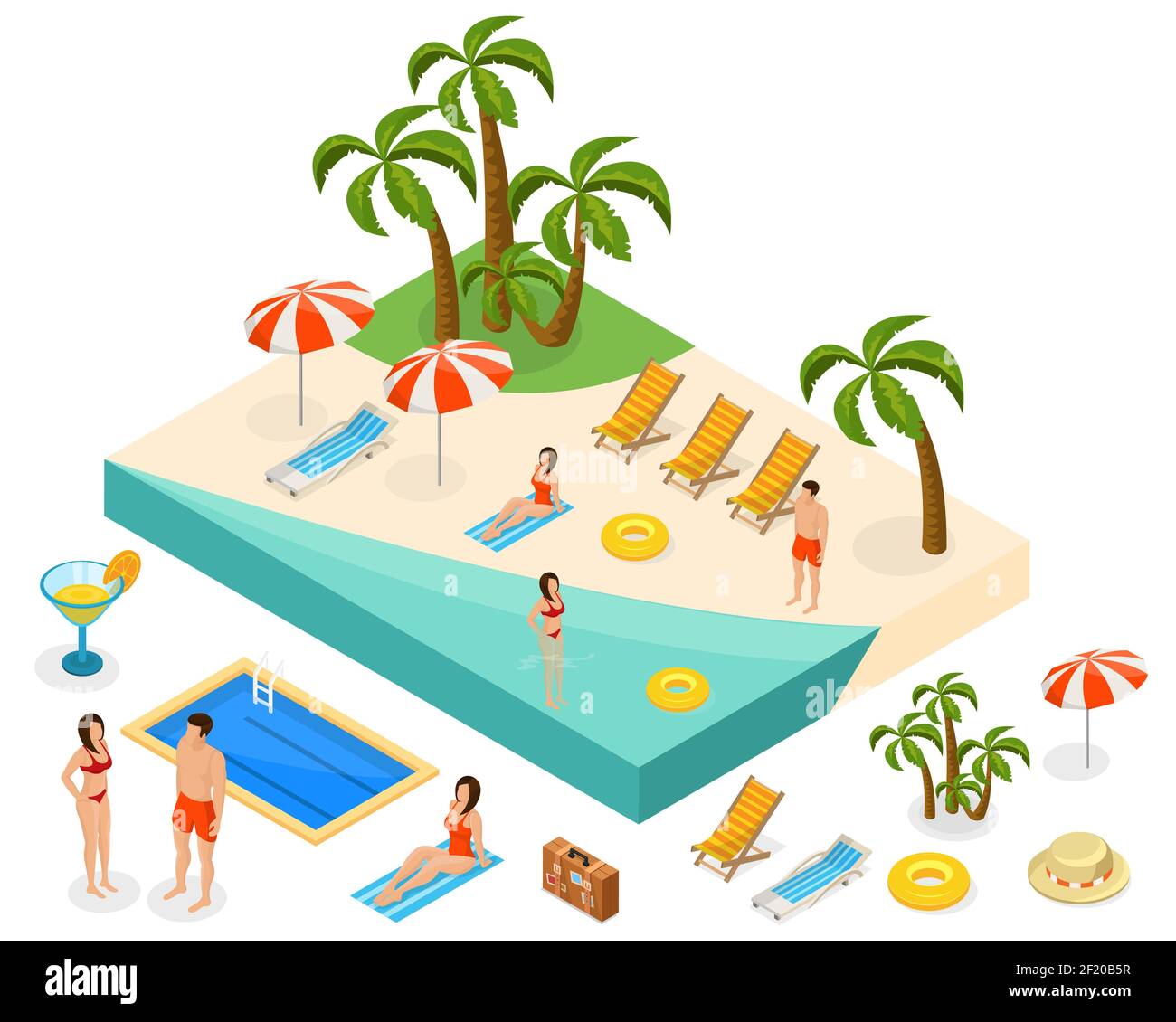 Isometric island travel concept with relaxing people pool and beach vacation elements and ...