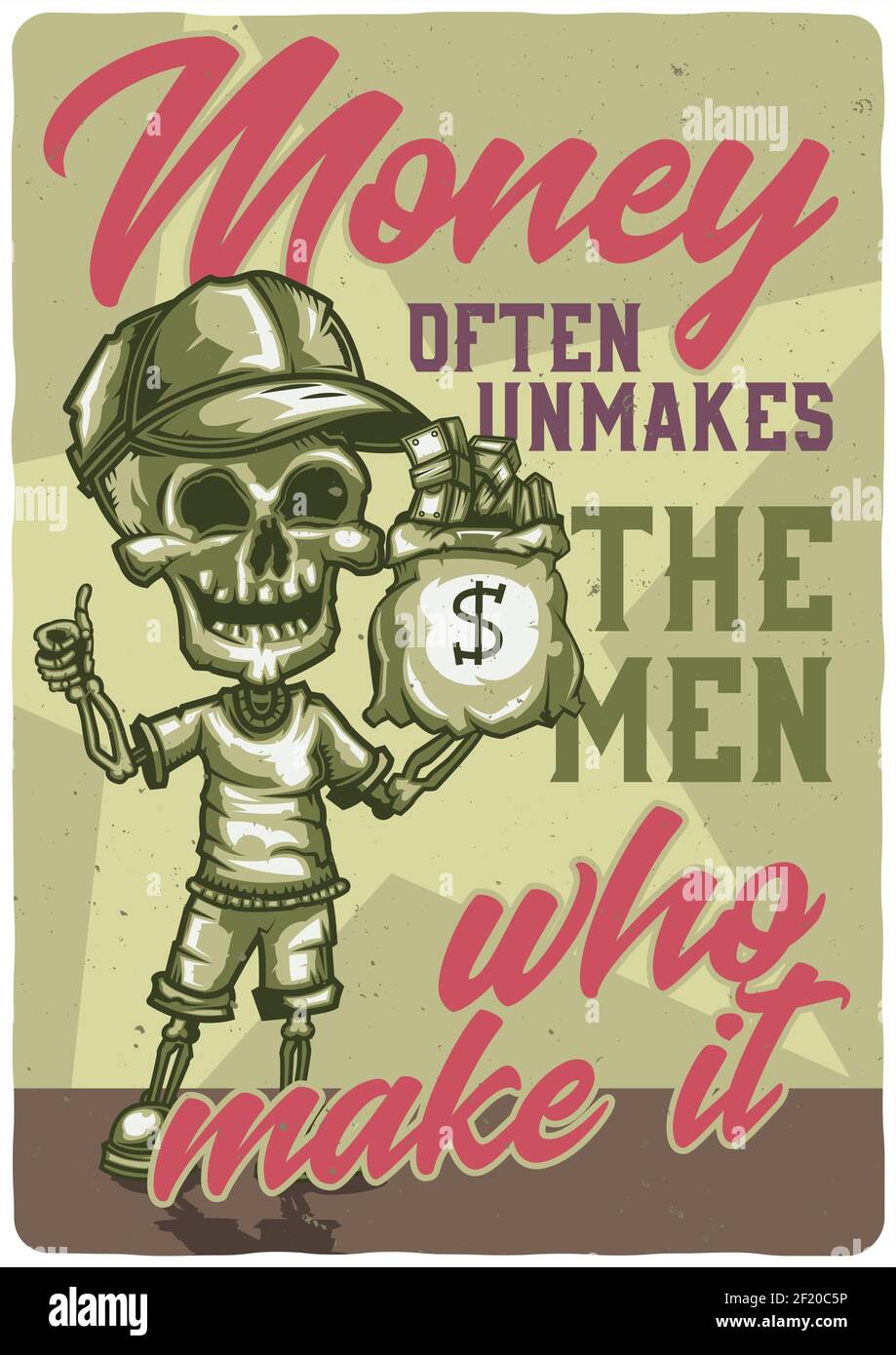 T-shirt or poster design with illustration of a skeleton with a sack of ...