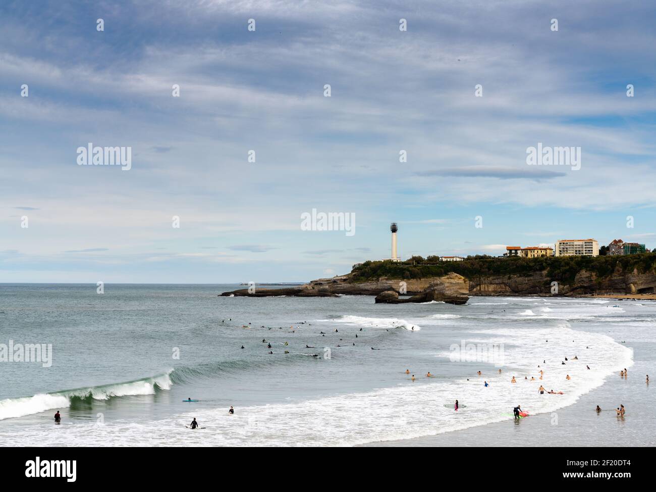 Many surfers enjoy the waves on the Grand Plage in Biarritz Stock Photo ...
