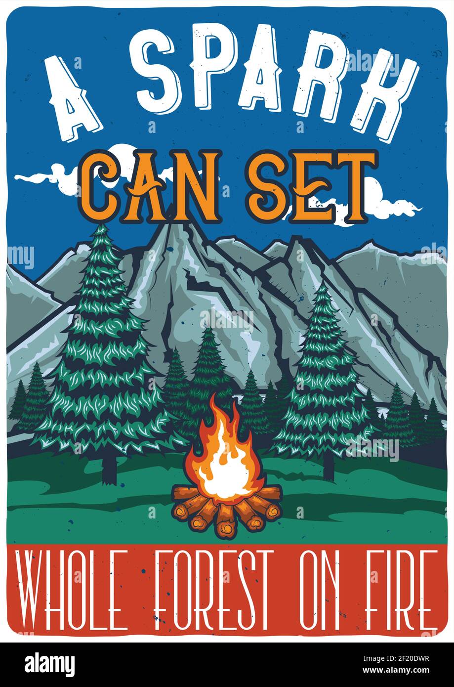 T-shirt or poster design with illustration of the forest and fire Stock ...