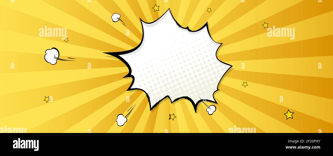 Explode of speech bubble. Vector yellow cartoon background with rays ...