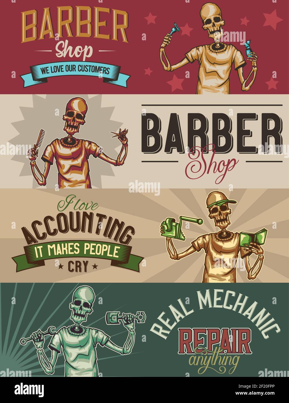 Web banner template with illustrations of skeleton barber, mechanic and ...