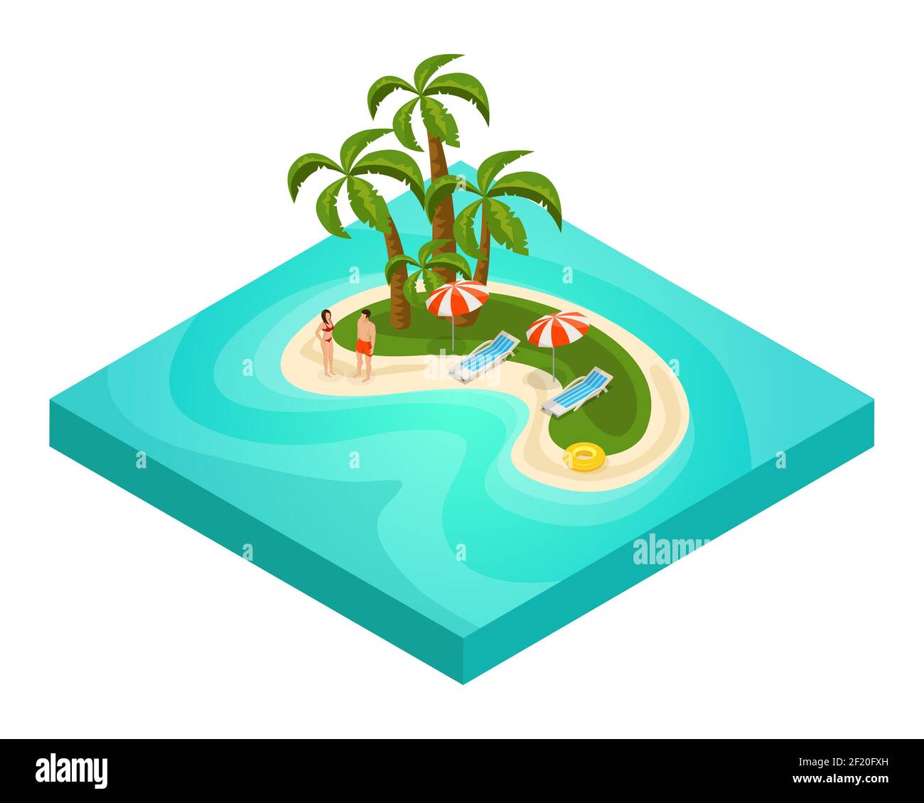 Isometric tropical beach vacation concept with tourists palm trees umbrellas chaise lounges ...