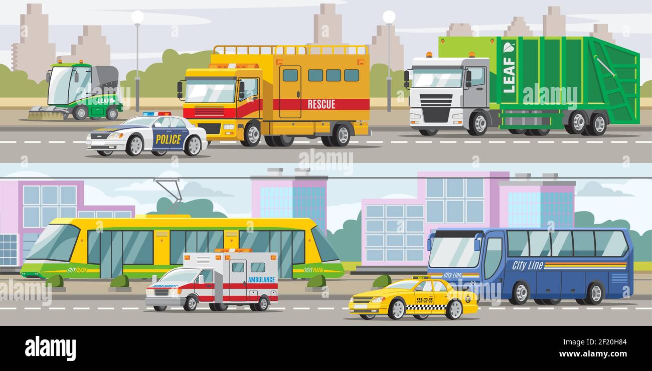 City transport horizontal banners with police taxi ambulance cars ...