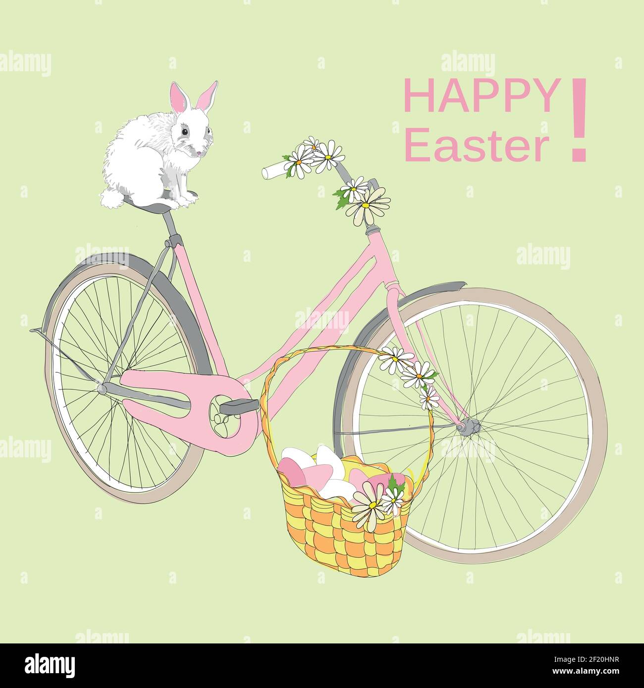 Drawing Happy Easter template with bicycle white rabbit chamomiles and ...