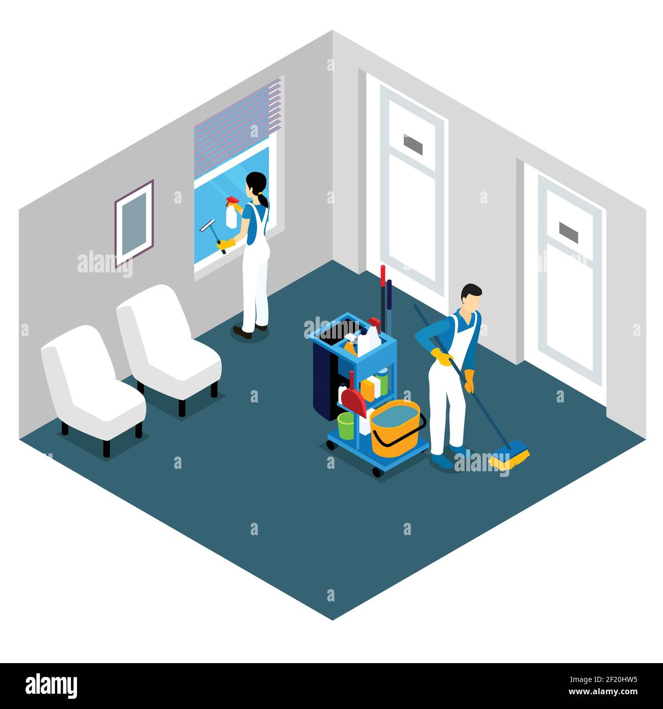 Professional cleaning isometric design with man tidying floor and woman ...