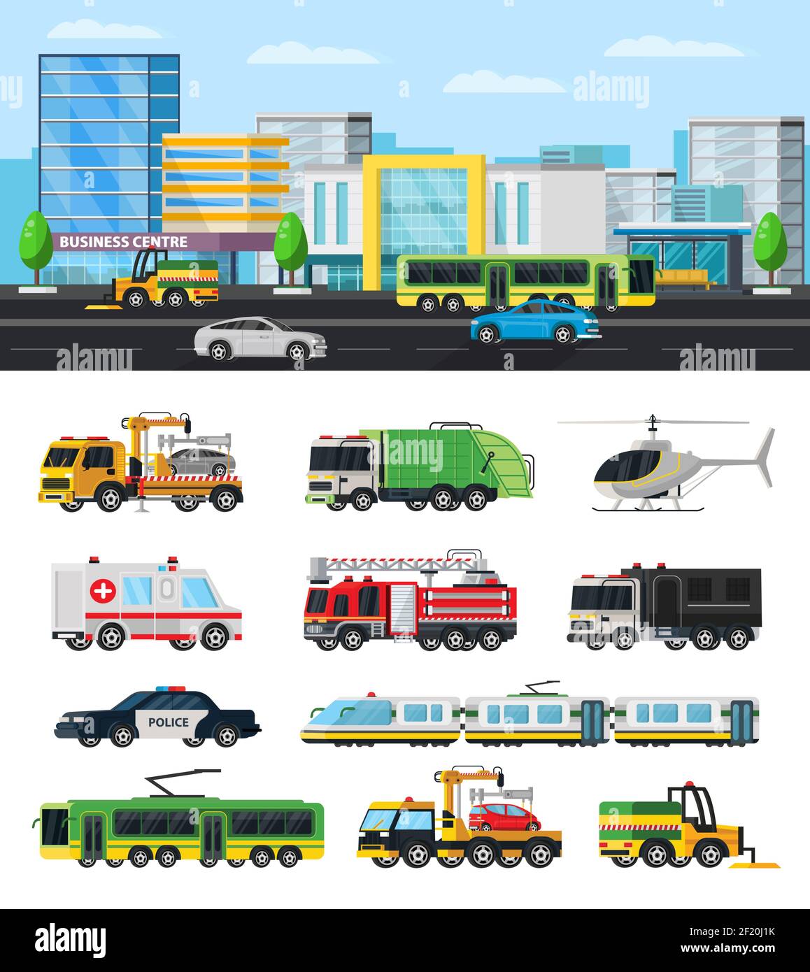 Colorful city transport collection with modern municipal vehicles cars ...