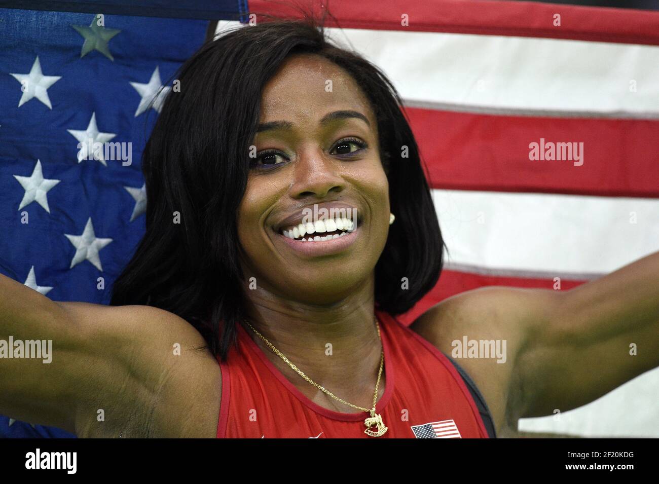 Barbara Pierre from Usa poses after her victory in the 60m final women ...
