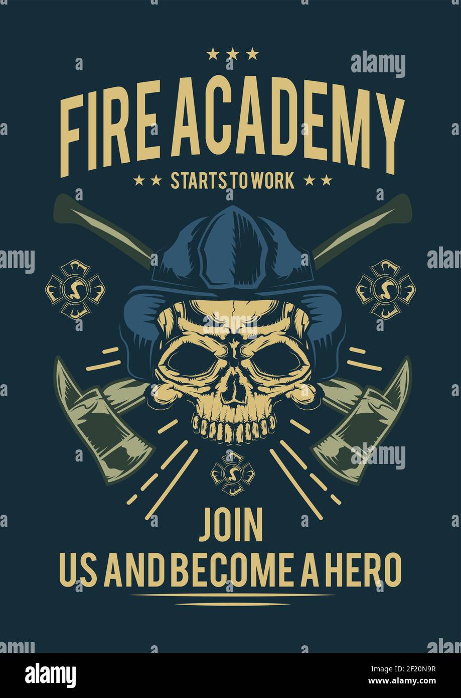 T-shirt or poster design with illustraion of firefighter with axes ...