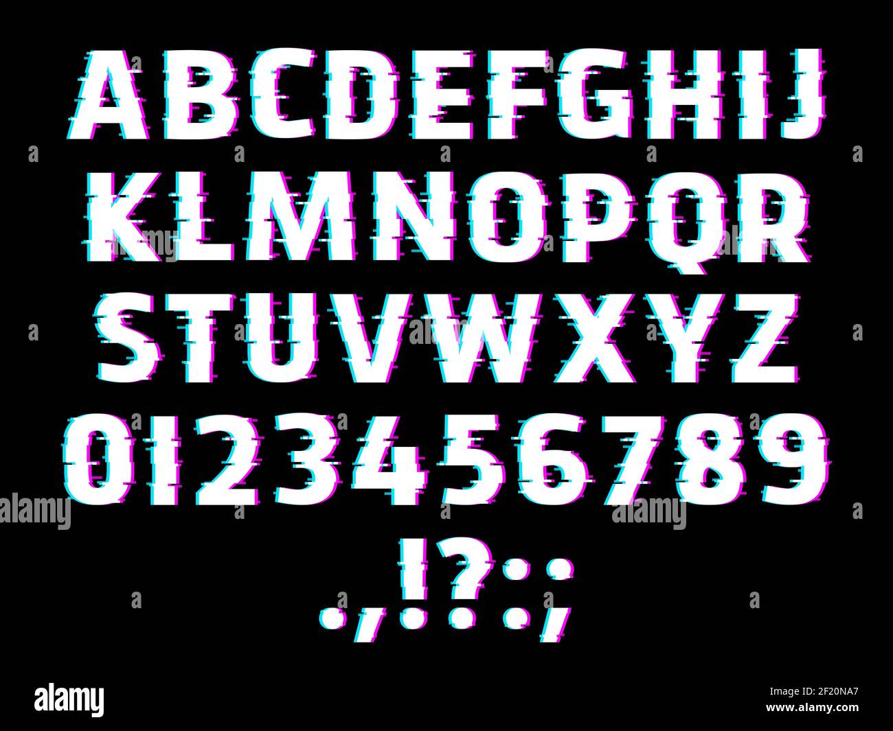 Glitch type font, glowing vector alphabet letters, ripple digits and ...