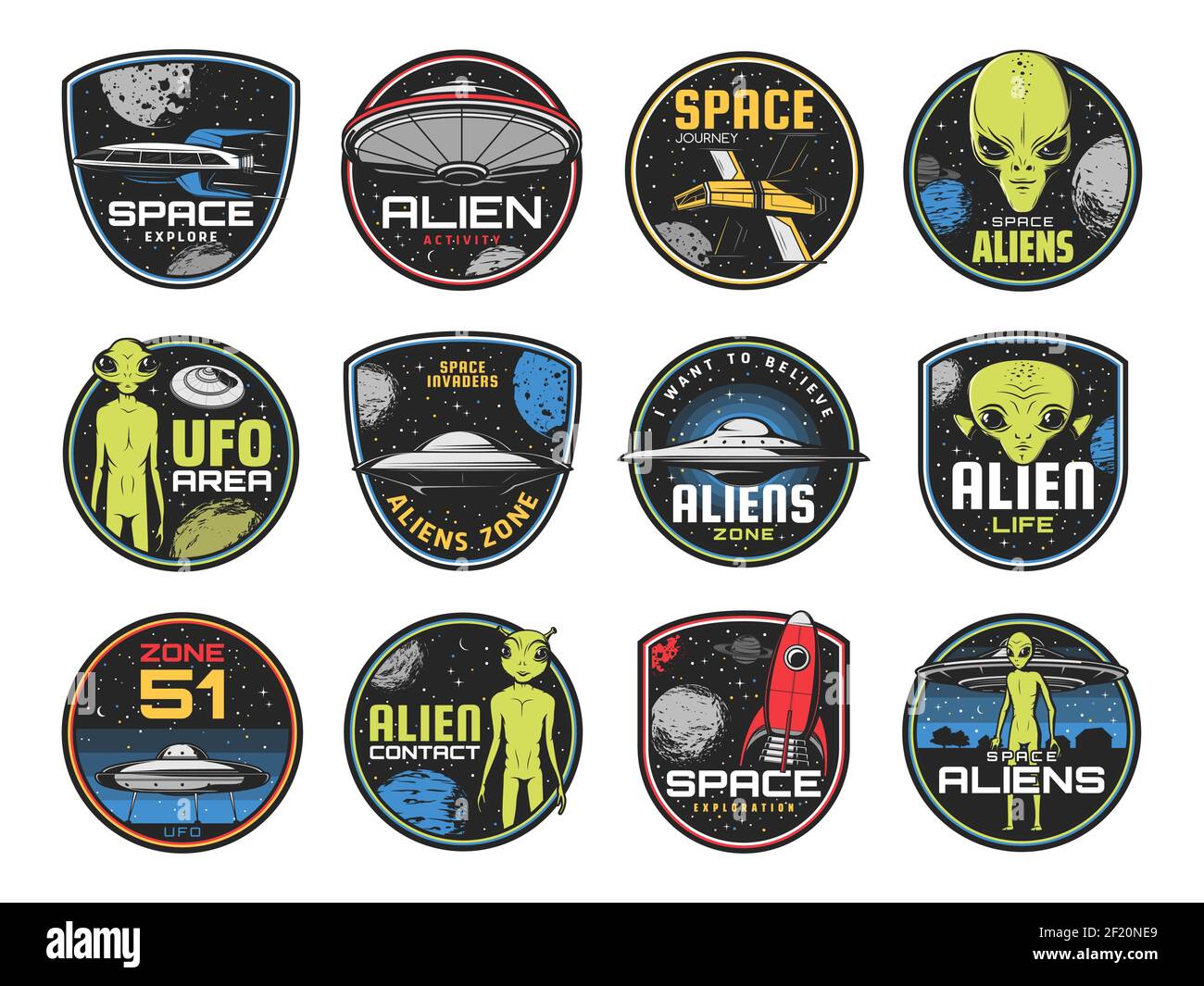 Alien zone, ufo area and space shuttles vector retro icons ...