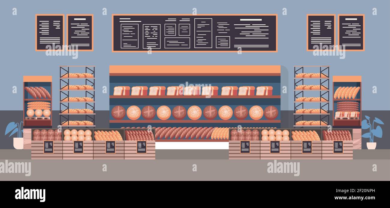 modern baking shop interior different bakery pastry products on shelves ...