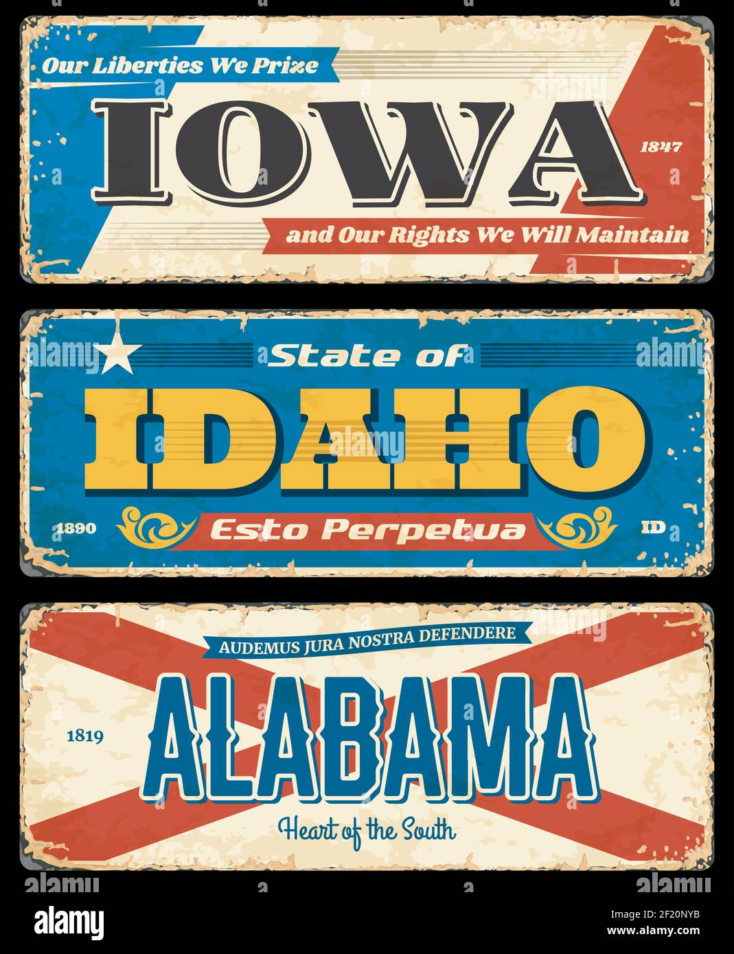 USA states rusty metal plates. Iowa, Idaho and Alabama worn and shabby ...
