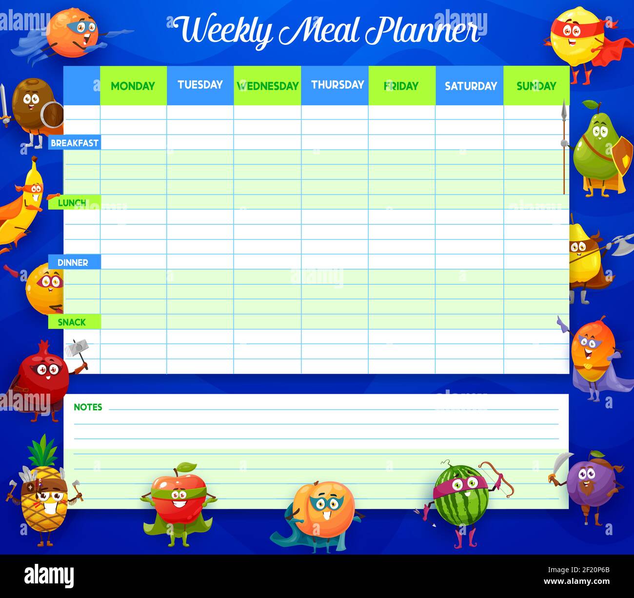 Weekly meal planner, vector timetable with cartoon superhero fruits ...