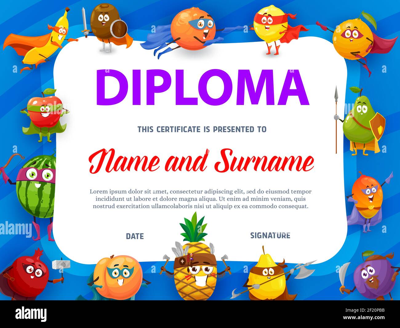 Education school diploma with fruits super heroes, kindergarten ...